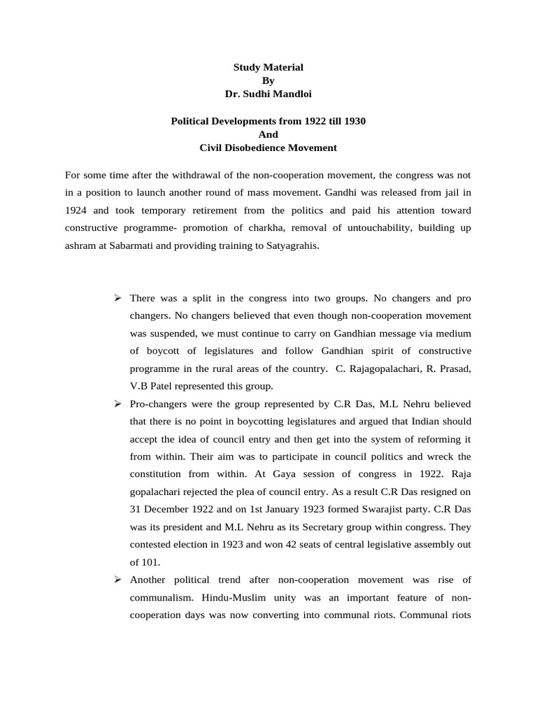 Political Developments Since 1922 Till 1930 | PDF | Mahatma Gandhi ...