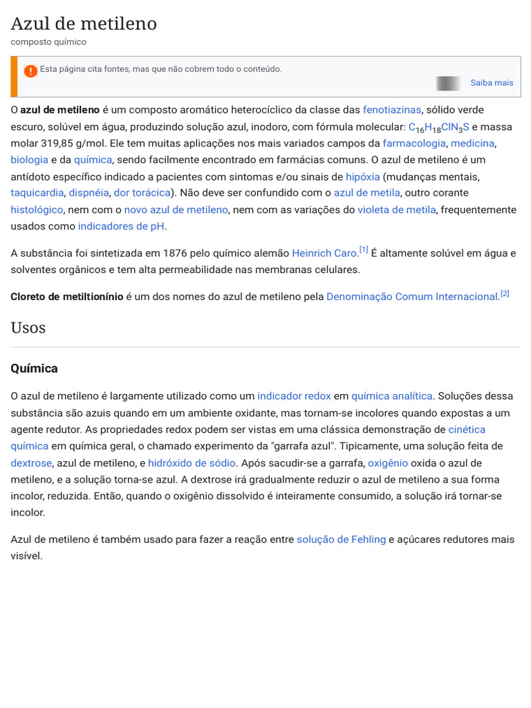Azul de metileno – Wikipédia, a enciclopédia livre | PDF | Química
