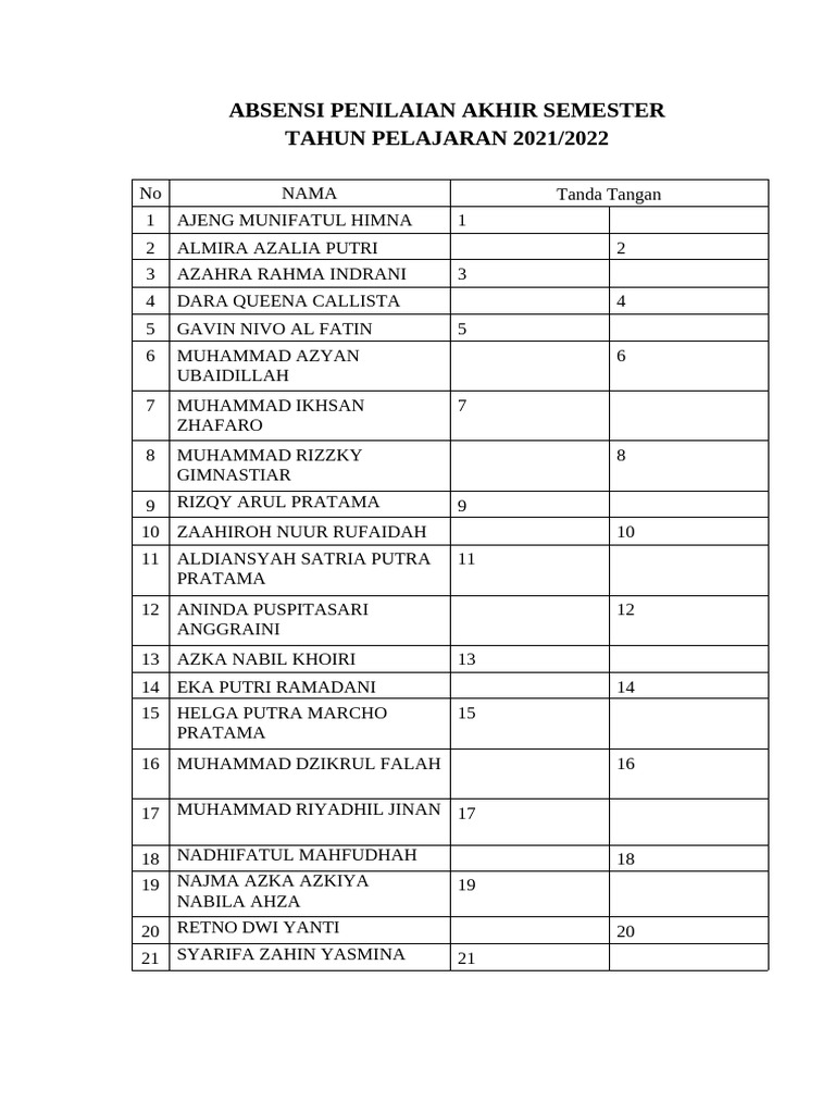 Absensi Penilaian Akhir Semester | PDF