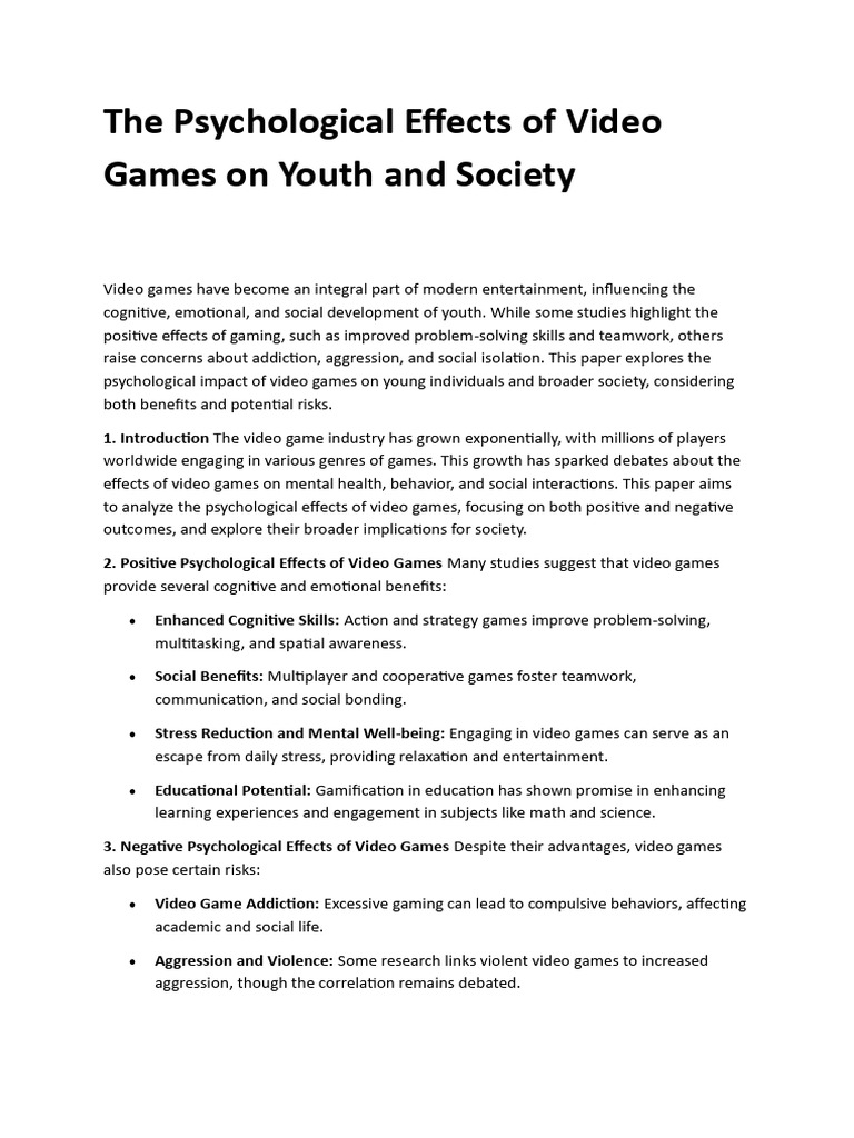 The Psychological Effects of Video Games On Youth and Society | PDF ...