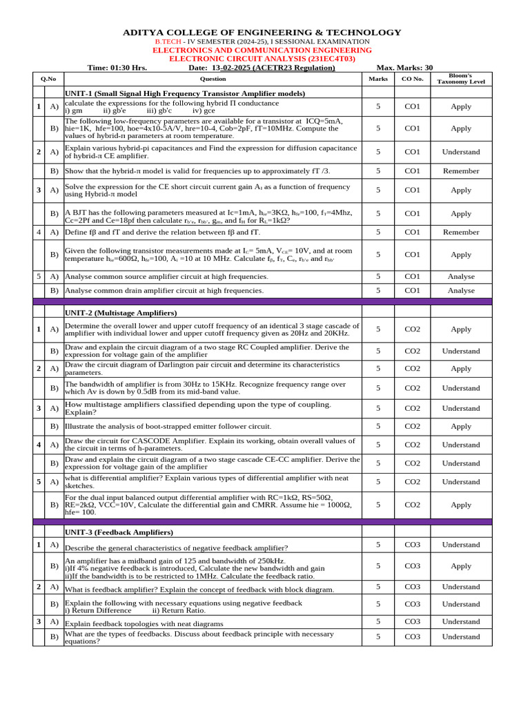 ECA - Question Bank I SESSIONAL 2024-25 | PDF | Amplifier | Electrical Engineering