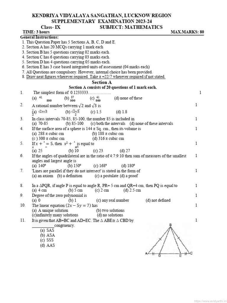 Cbse Class 9 Maths Previous Year Question Paper 2023 24 Supplymentary ...