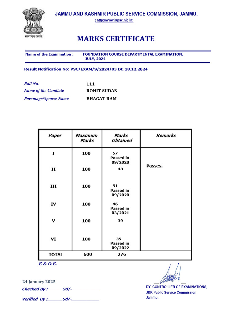 Marks Certificate of Foundation Course Departmental Examination 2024 ...