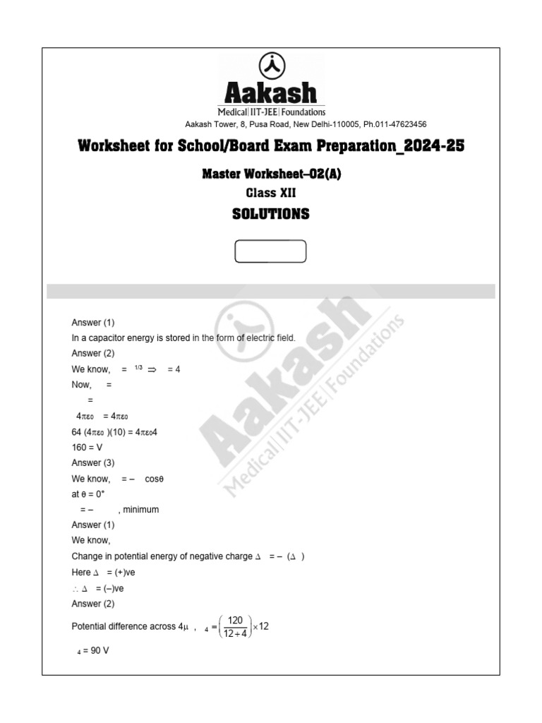 Master WS-02 (A) - Physics - XIIth - Electrostatic Potential and Capacitance - Sol - Unlocked ...