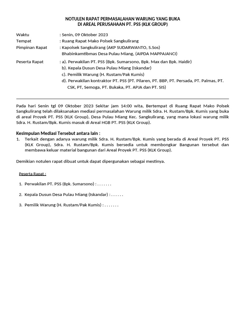 Mediasi Warung di Areal PT. PSS | PDF