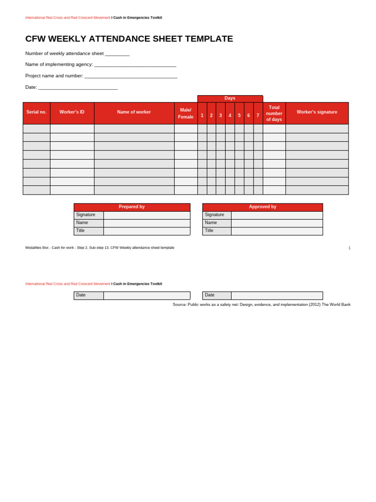 CFW Weekly Attendance Sheet Template | PDF