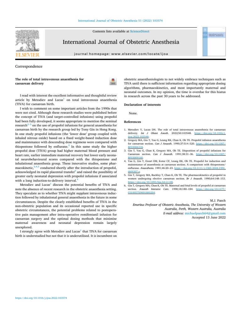 The Role of Total Intravenous Anaesthesia For Caes | PDF | Anesthesia ...