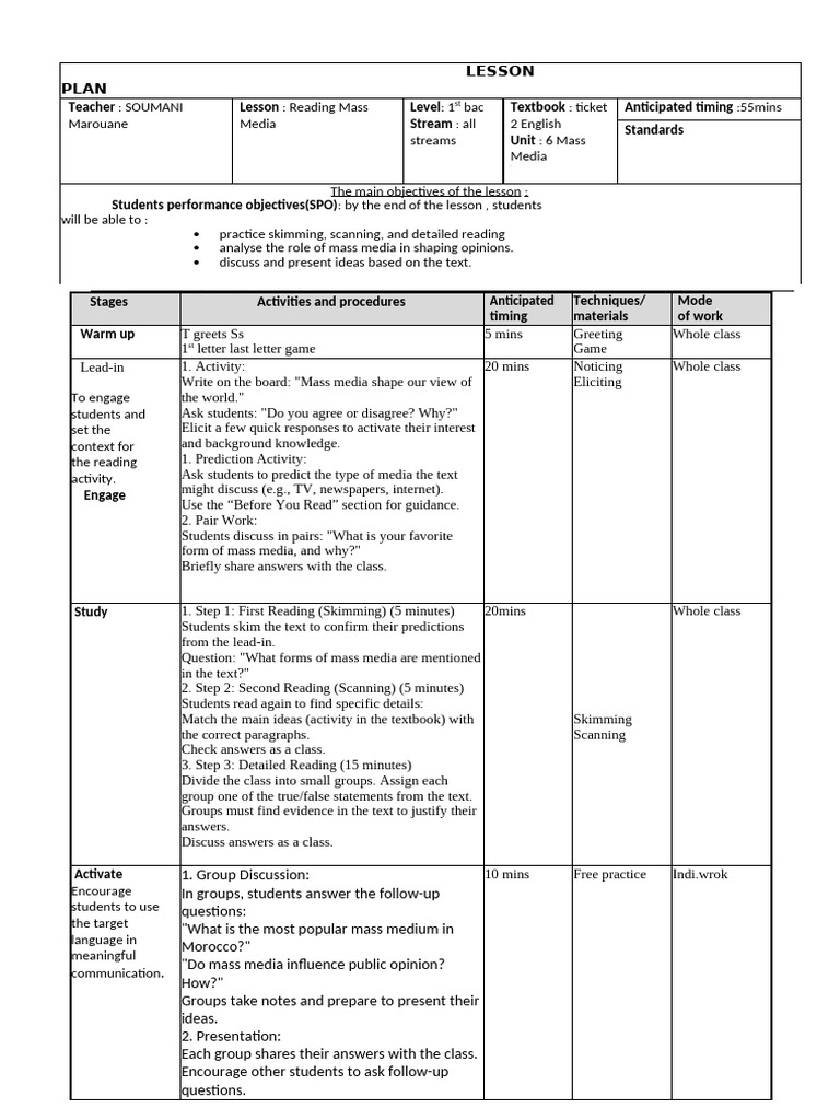 Mass Media Reading Lesson Plan | PDF | Communication | Cognition
