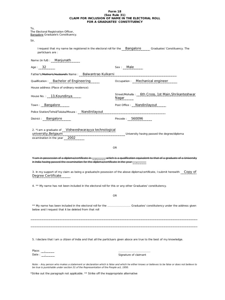 Form 18 (See Rule 31) Claim For Inclusion of Name in The Electoral Roll ...