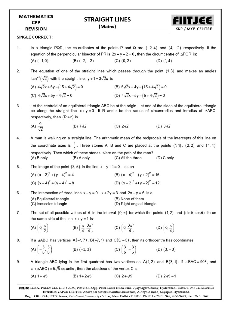 SR Maths Revision - STRAIGHT LINES - Mains - CPP | PDF | Line (Geometry) | Triangle