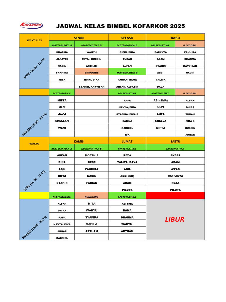 Jadwal Les Bimbel Kofarkor 2025 | PDF