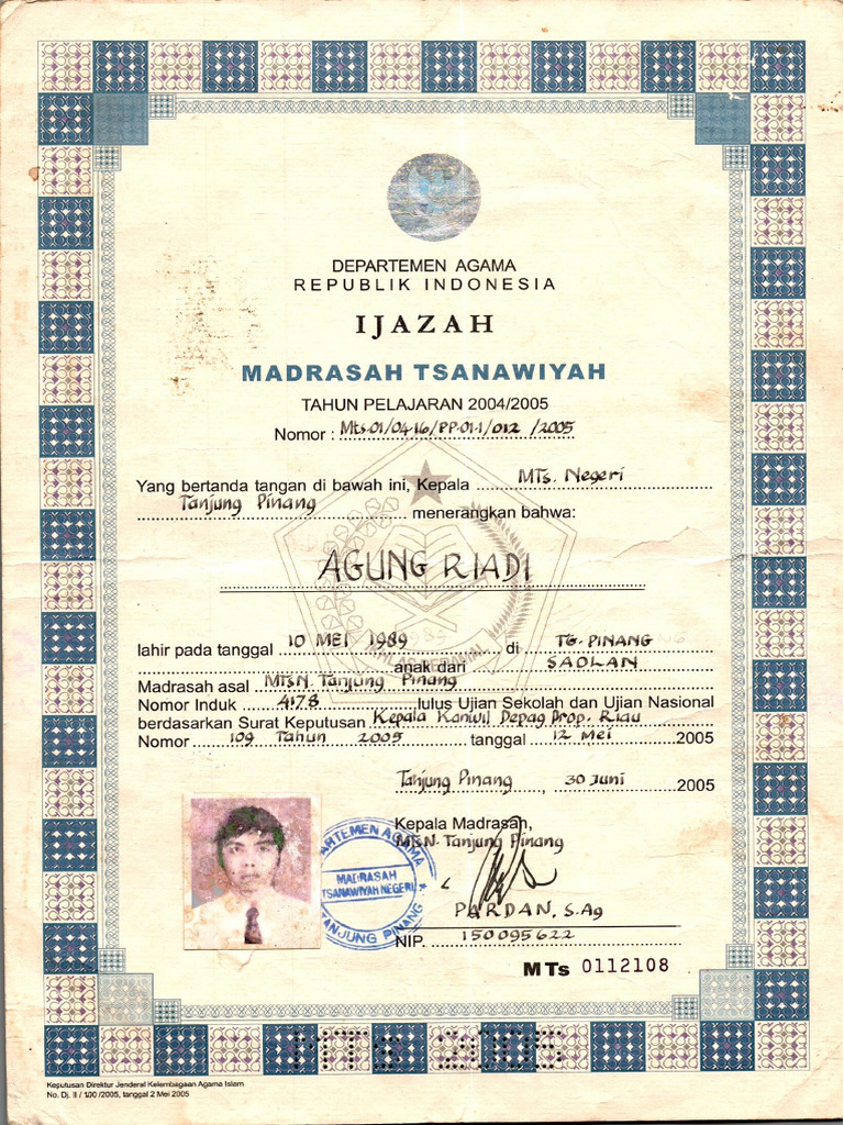 Ijazah Mts Agung Riadi_0001 | PDF