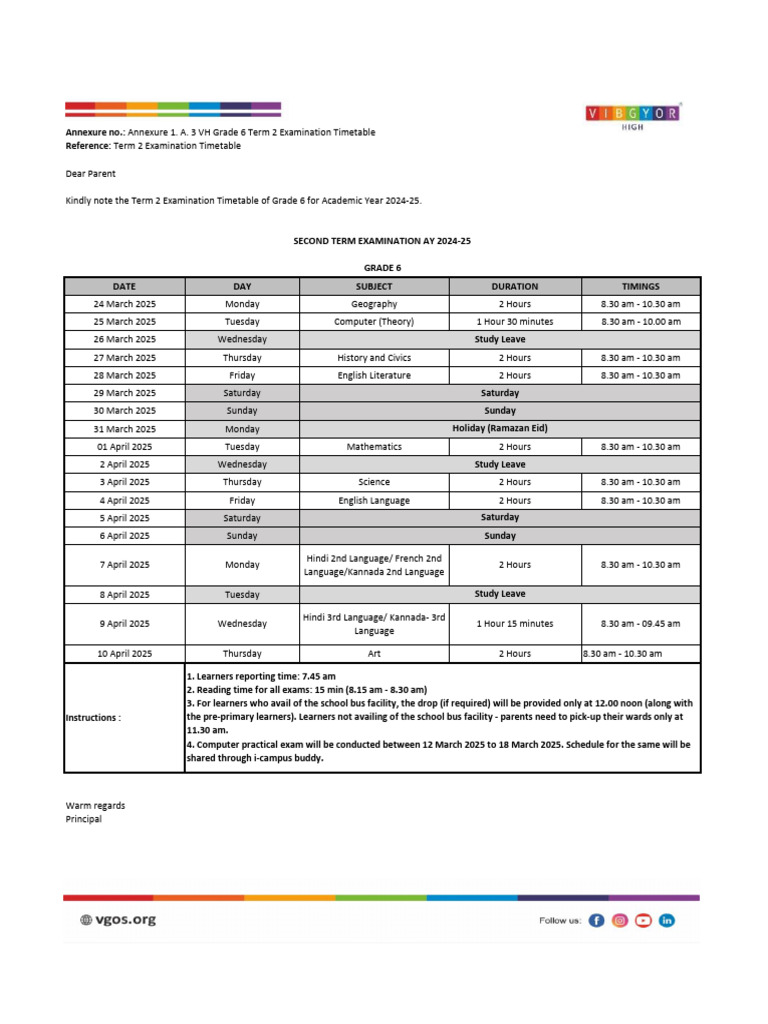 Annexure 1. a. 3 Vh Grade 6 Term 2 Examination Timetable (1) | PDF ...