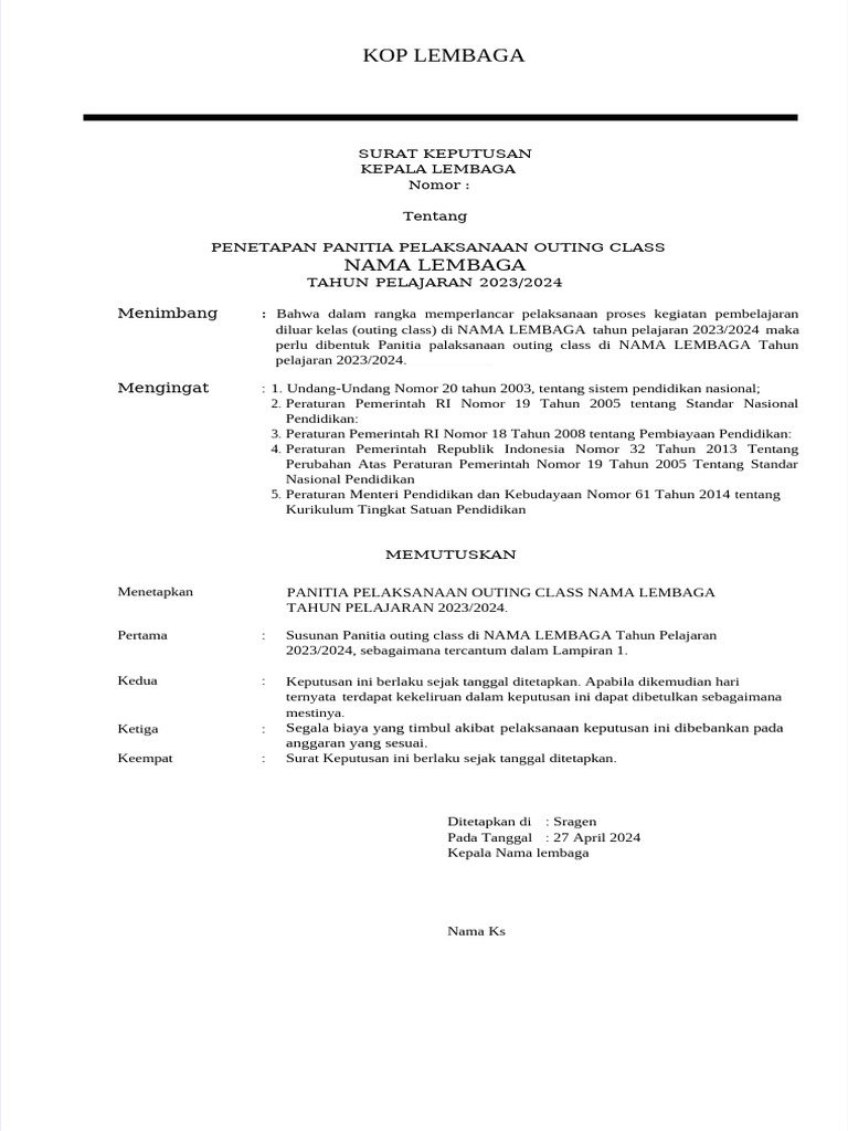 SK Penetapan Outing Class | PDF