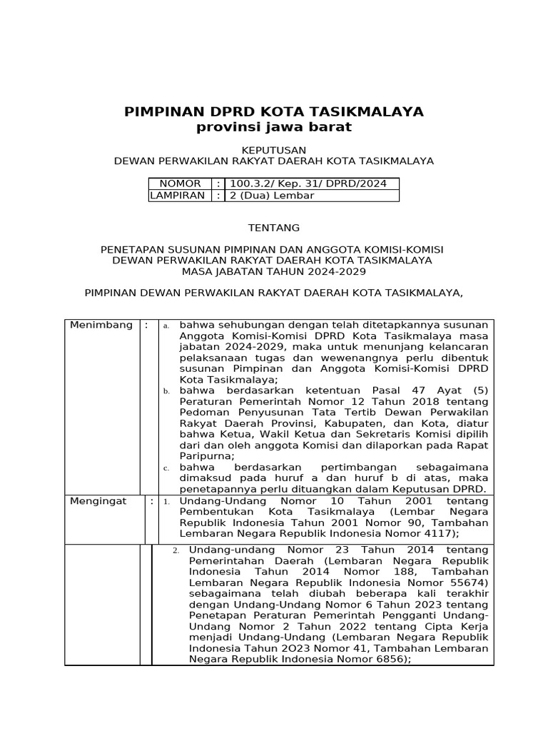 Penetapan Susunan Pimpinan Dan Anggota Komisi-Komisi 2024-2029 | PDF
