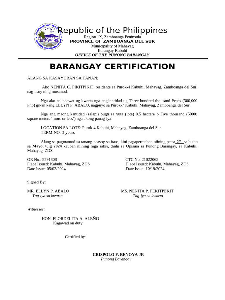 Barangay Certification - Mayola & Damol Yuta | PDF