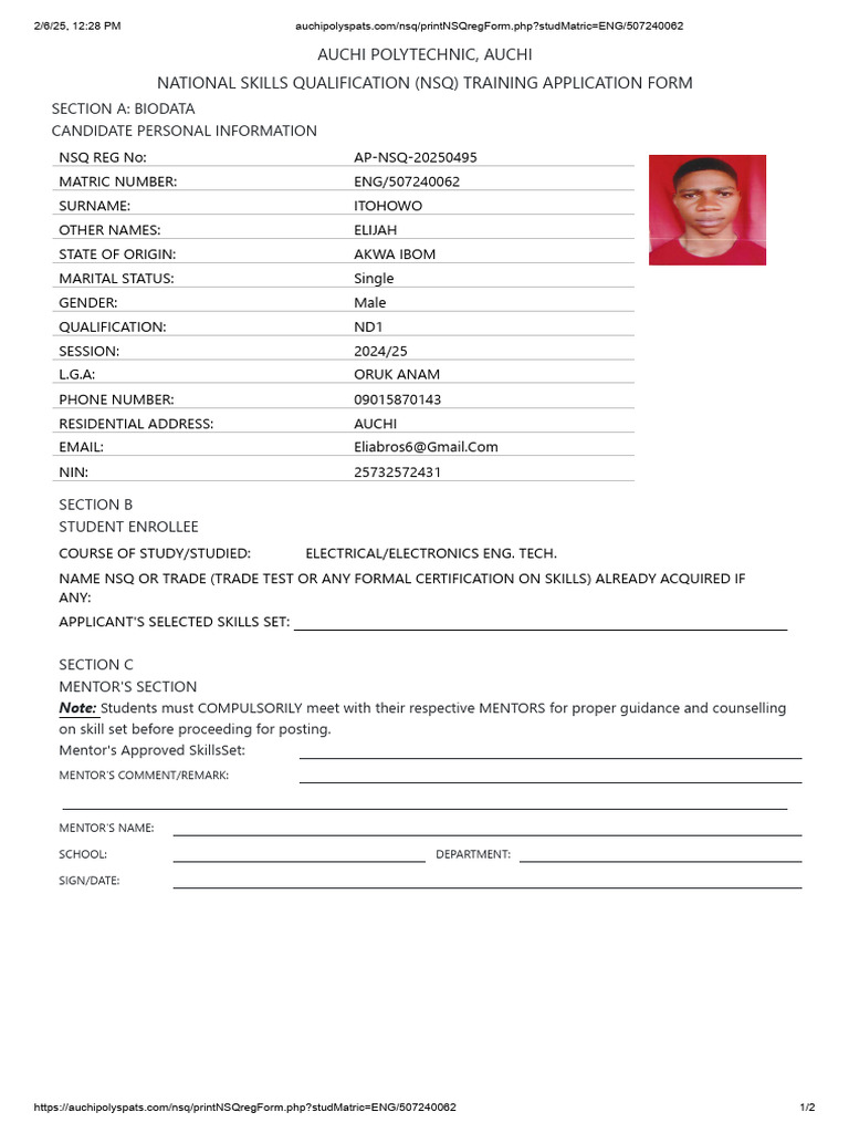 NSQ PrintNSQregForm - PHP StudMatric ENG 507240062 | PDF