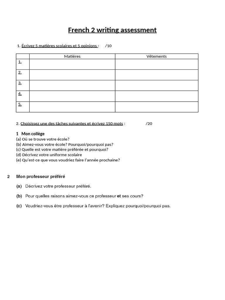 French 2 Writing Assessment | PDF