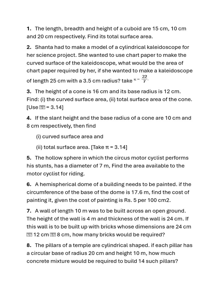 Surface Area and Volume Questions | PDF