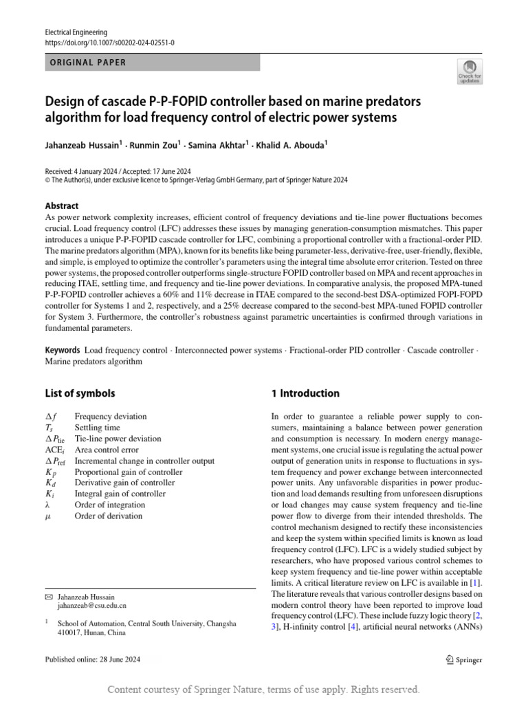 Design of Cascade P-P-FOPID Controller Based on Marine Predators Algorithm for Load Frequency ...