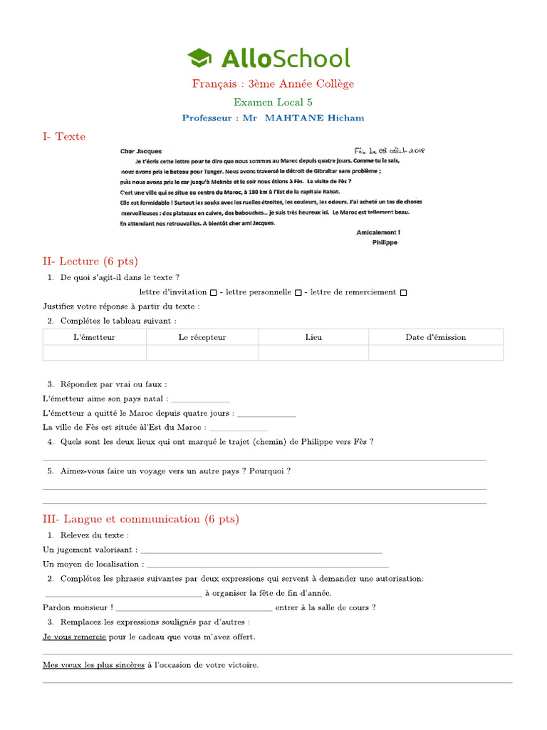 Francais 3ac Examen Local 5 2 | PDF
