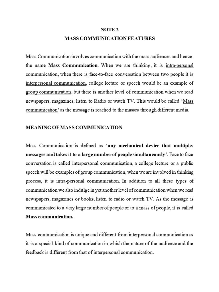 NOTE 2 Mass Communication Features | PDF | Communication | Mass Media