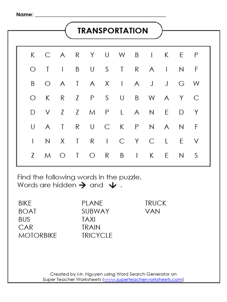Super Teacher Worksheets TRANSPORTATION | PDF | Word Search | Wheeled ...