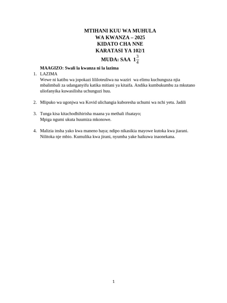 Form 4 Kiswahili - Paper 1 - Question Paper | PDF
