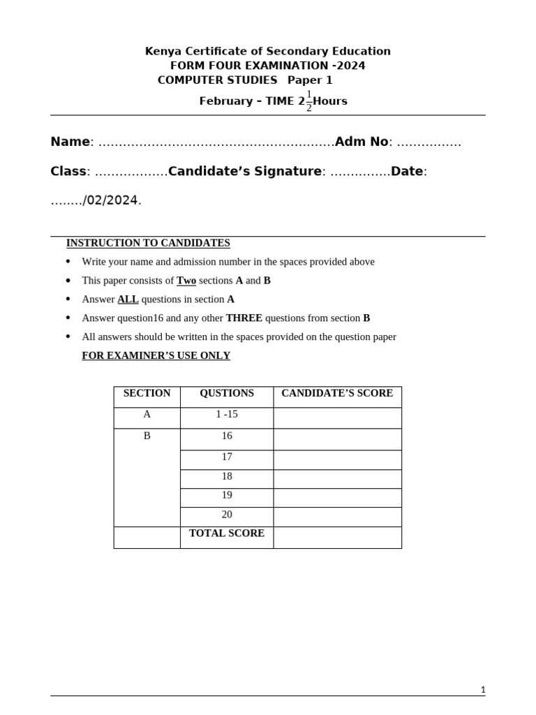 KCSE 2024 Computer Studies Exam | PDF | Databases | Microsoft Excel