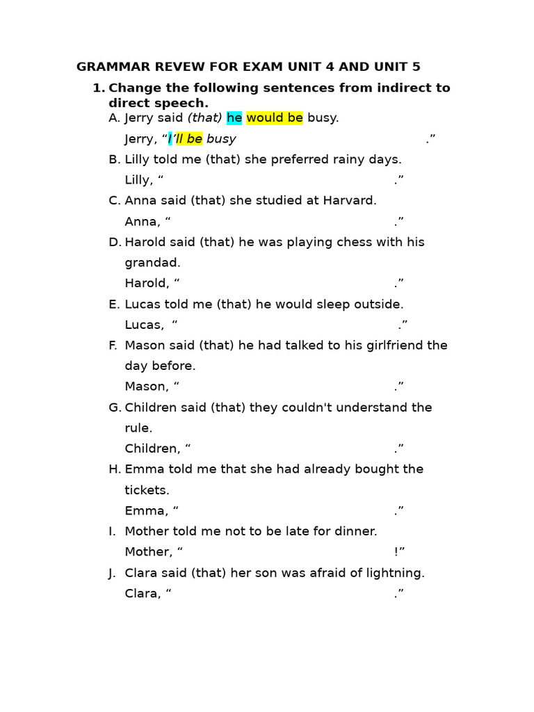 Grammar Review For Exam Unit 4 and Unit 5 Standard Level | PDF