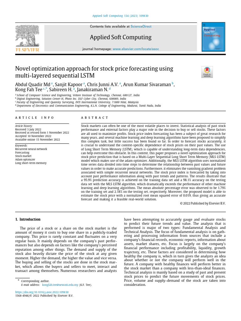 MLS LSTM for Stock Price Forecasting | PDF | Prediction | Forecasting