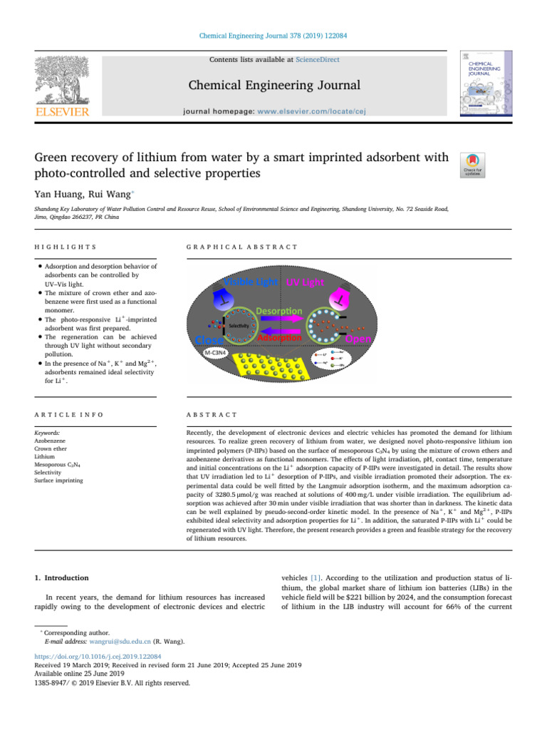Green Recovery of Lithium From Water by A Smart Imprinted Adsorbent ...