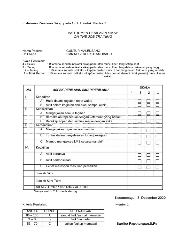 Instrumen Penilaian Sikap Pada OJT Untuk Mentor (OJT 1) | PDF
