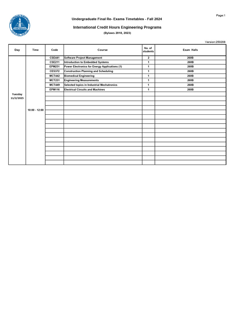 International Programs Final Re-Exam Timetables (Bylaws 2018, 2023 ...