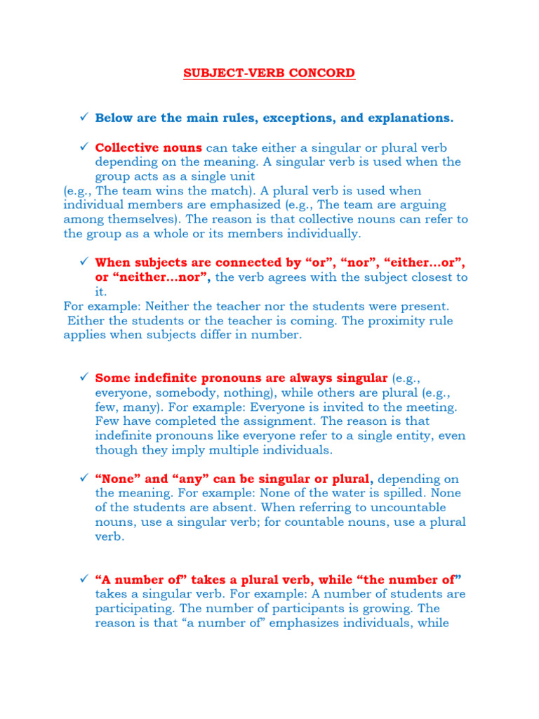 Subject Verb Concord Exceptions Rules and Reasons | PDF | Grammatical Number | Plural