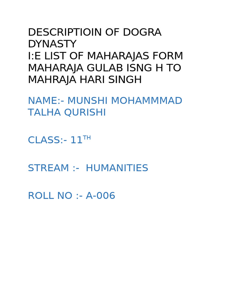 Descriptioin of Dogra Dynasty | PDF