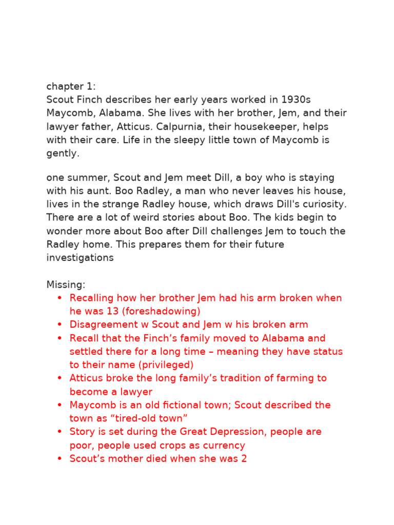 Summary of To Kill a Mockingbird: Ch 1-5 | PDF | To Kill A Mockingbird