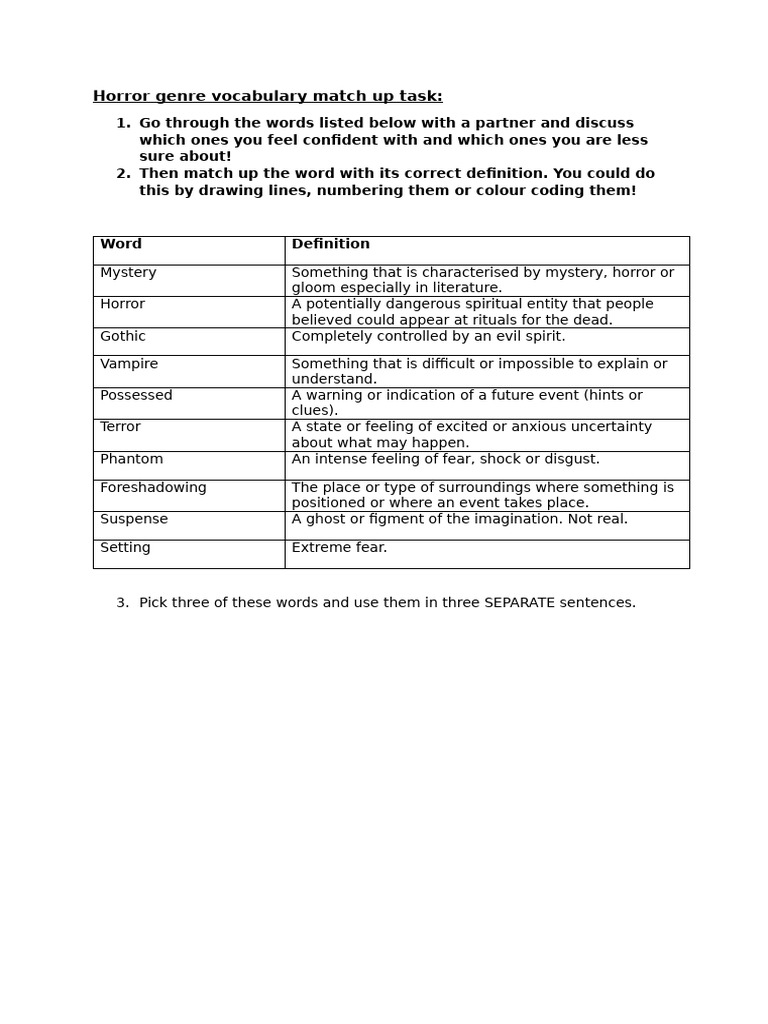 Horror Genre Vocabulary Match Up Task | PDF