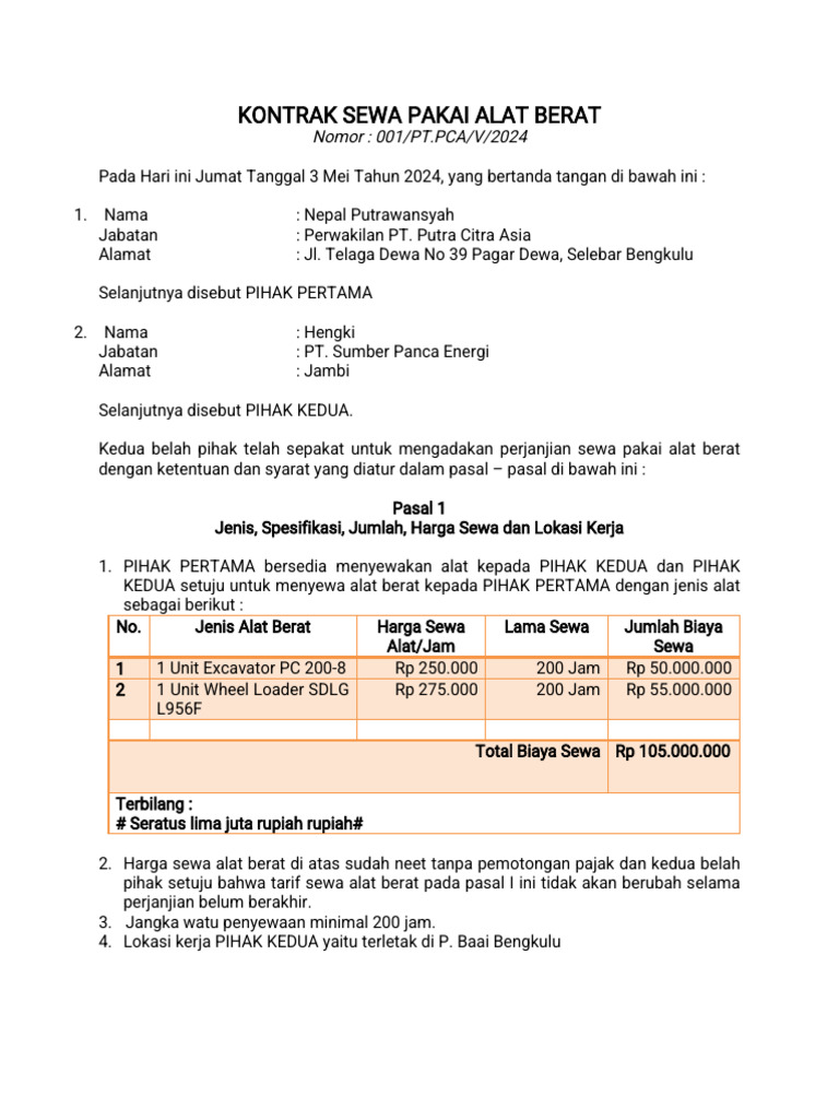 Kontrak-Sewa-Pakai-Alat-Berat PCA-SPE-1 | PDF
