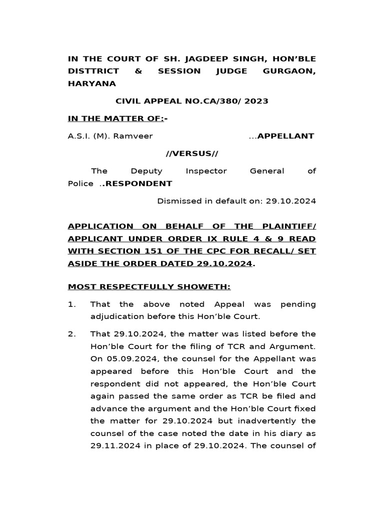 ASI RAMVEER - Restoration of Appeal - 10 125 | PDF | Affidavit | Appeal