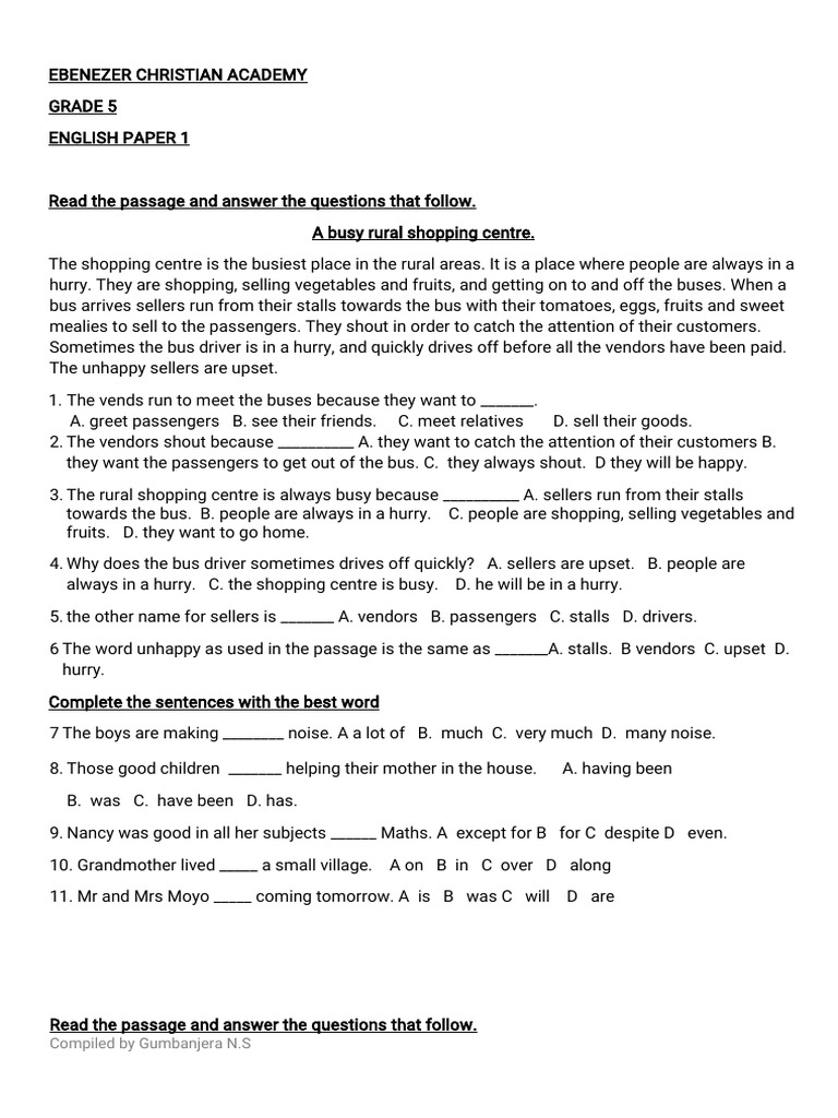 Grade 5 English Exam Paper 2022 | PDF