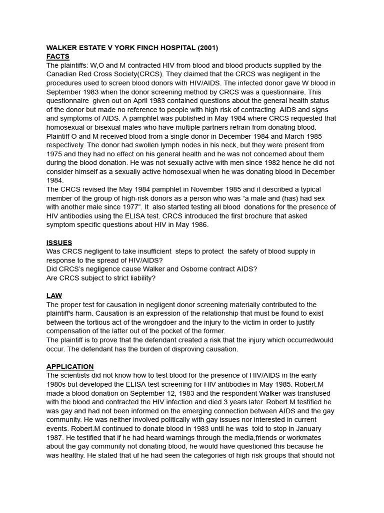Walker Estate Vs York Finch General Hospital (2001) | PDF | Blood ...