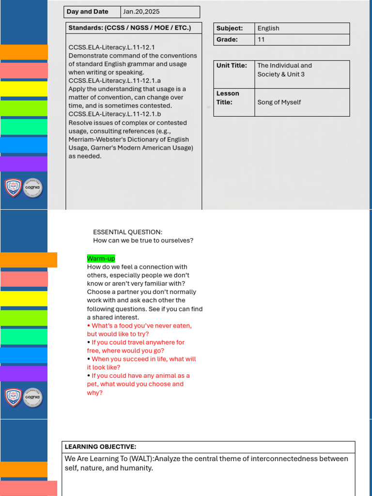 G11-T2-W3-Song of Myself-Close Reading | PDF | Poetry