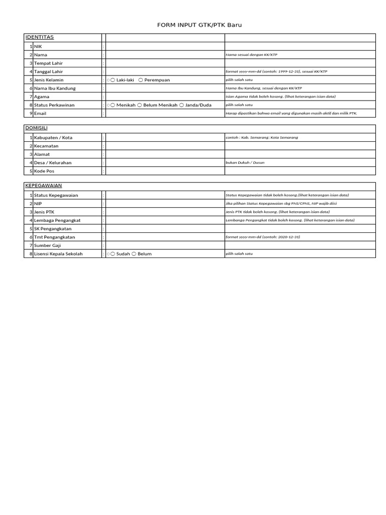 form Input PTK BARU - NEW | PDF