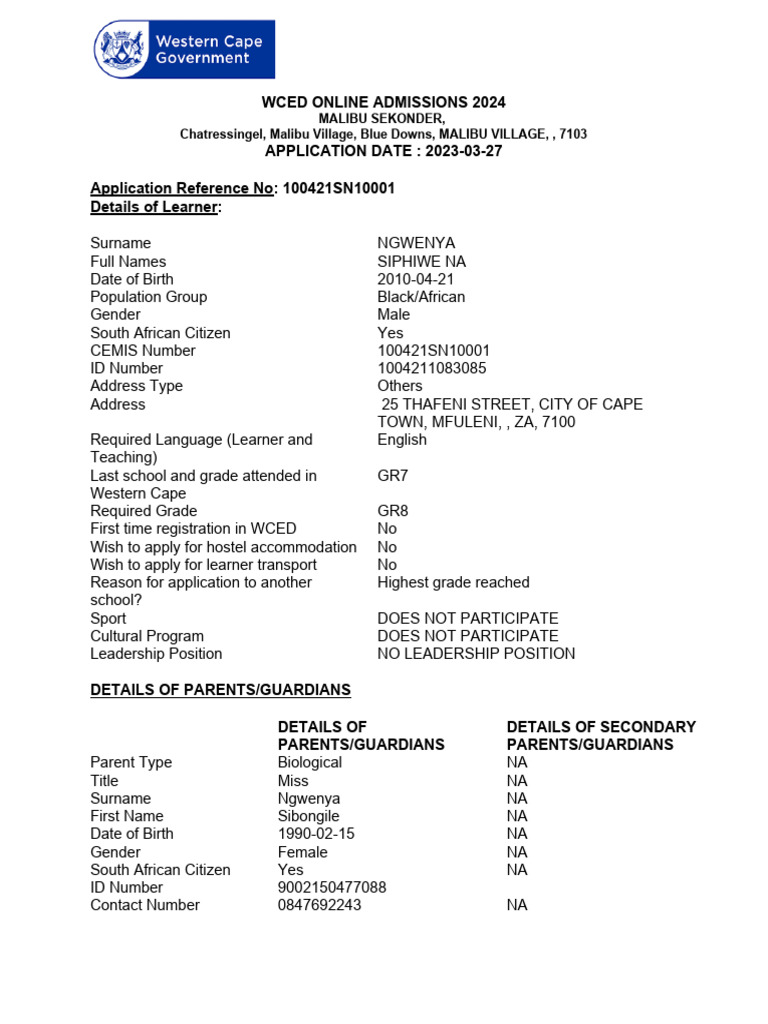 Wced Online Admissions 2024 APPLICATION DATE: 2023-03-27 Application ...