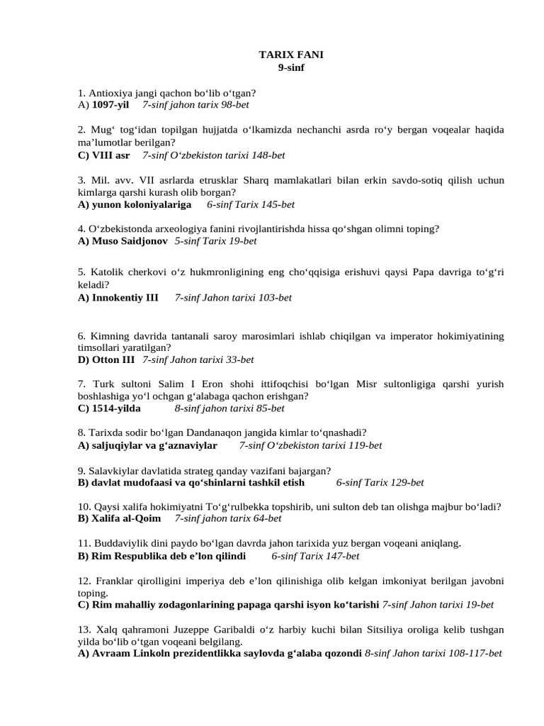 Tarix (9-Sinf) - Javoblari | PDF