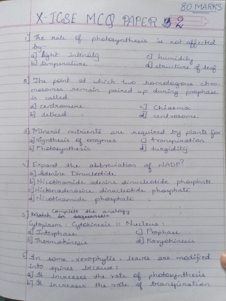 10 ICSE MCQ Test Paper 2 (80 Marks) | PDF