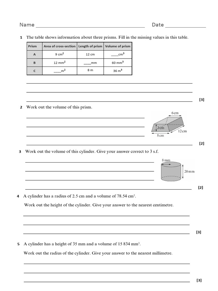 Chapter 14 Worksheet With Answers | PDF | Volume | Area
