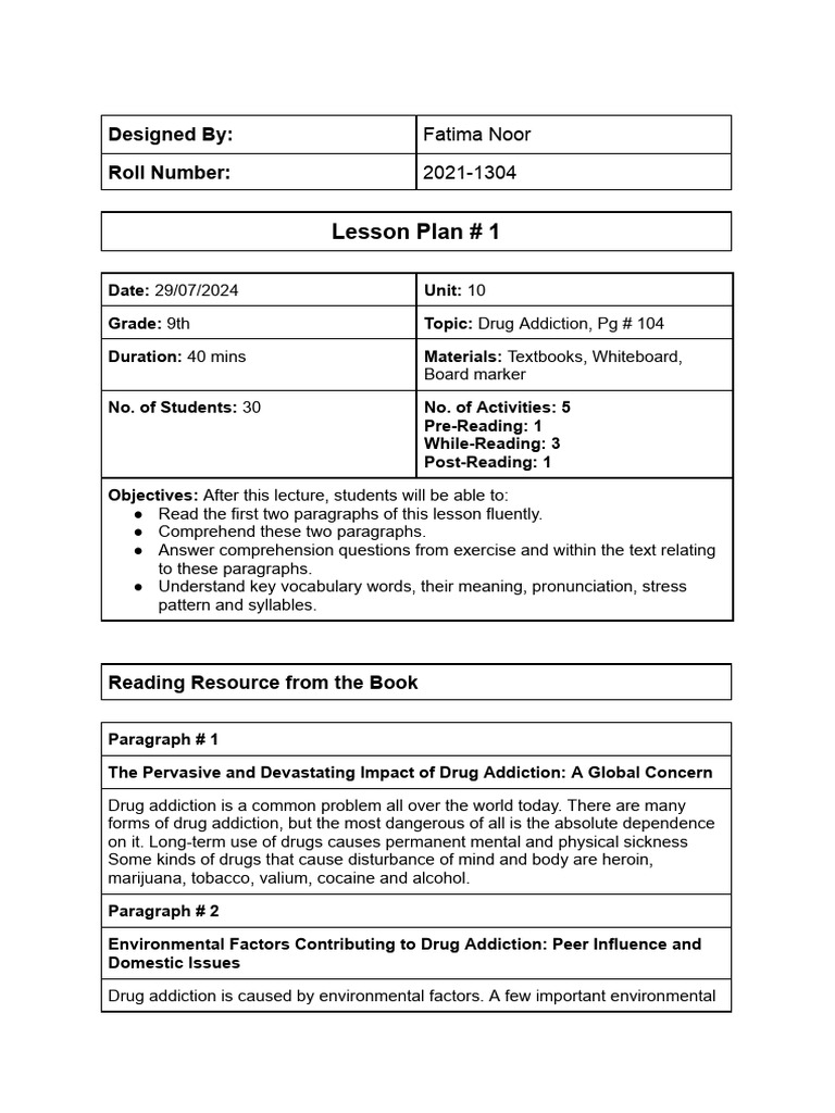 Fatima Noor's MPT 9th Class Lesson Plan | PDF | Drug Rehabilitation ...