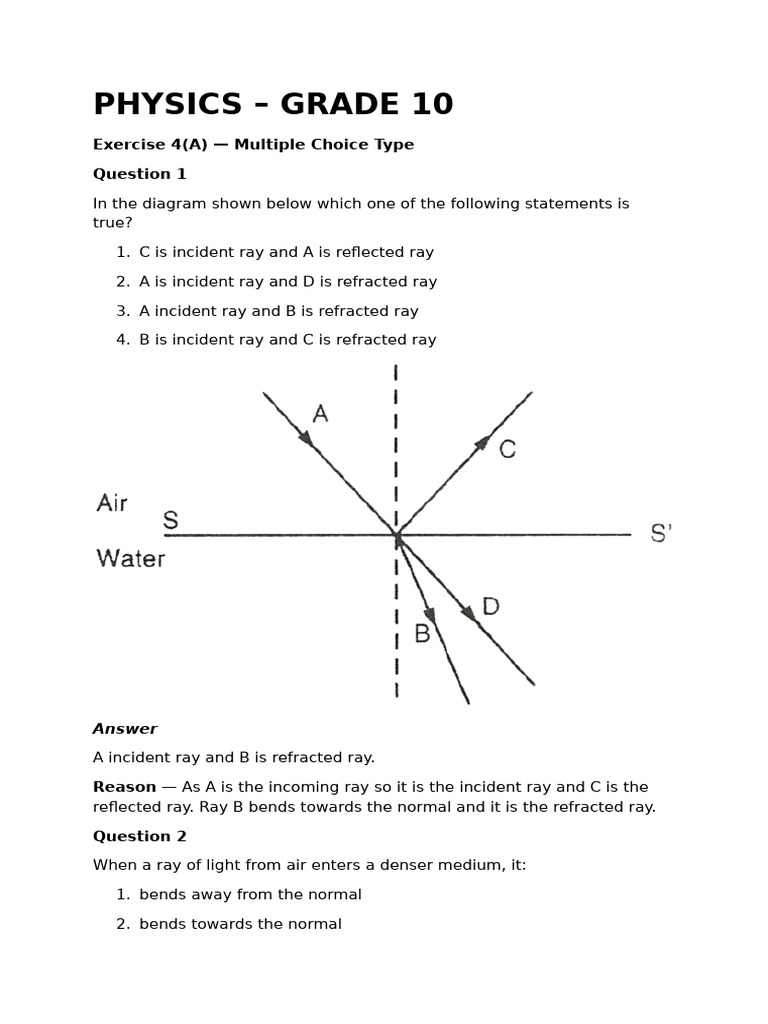 PHY_G10_CH4_exercise | PDF | Refraction | Refractive Index